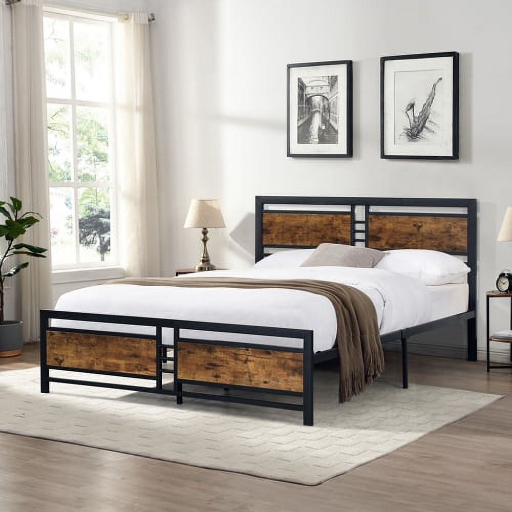 Metal Platform Bed,Queen Size Platform Bed Frame with Wood Headboard & Footboard,Heavy Duty ...