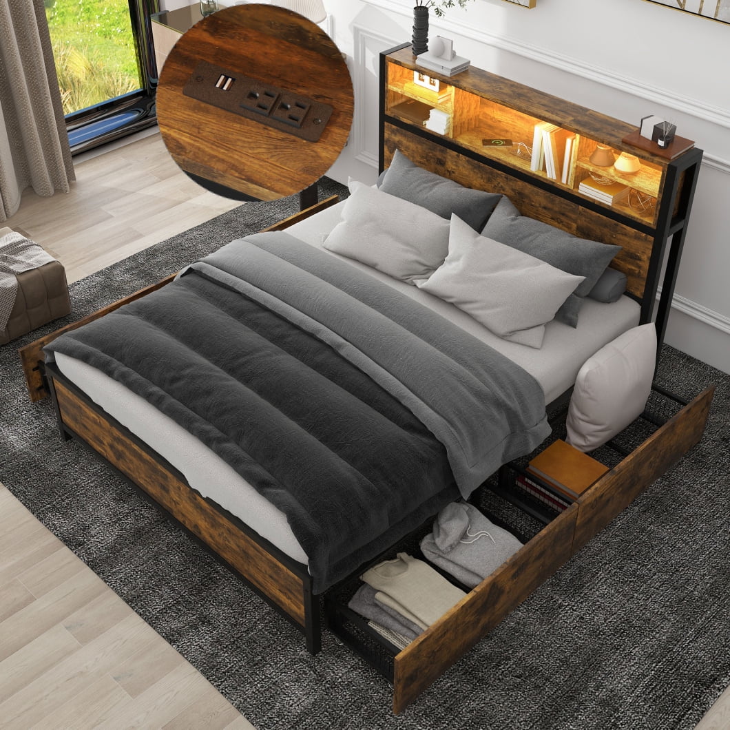Metal Platform Bed With 4 drawers, Sockets and USB Ports, queen, Black ...