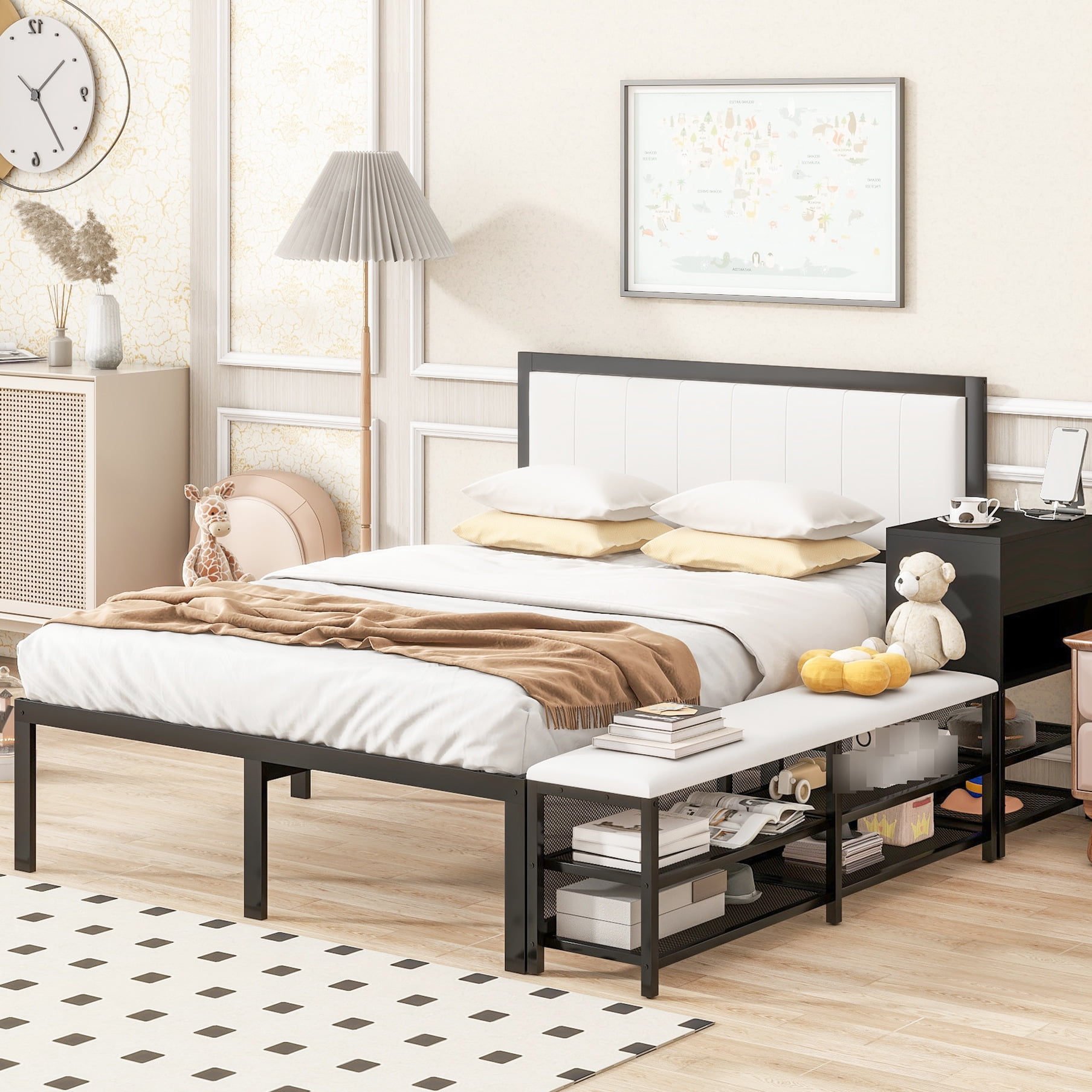 Metal Platform Bed With Shelves & Wooden Storage Cabinet Sleek Ample ...