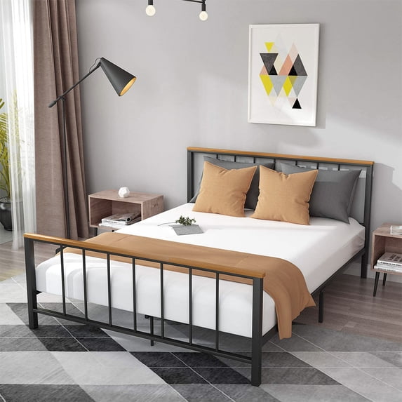 Metal Platform Bed with Wood Headboard, Queen Size Bed Frame with ...