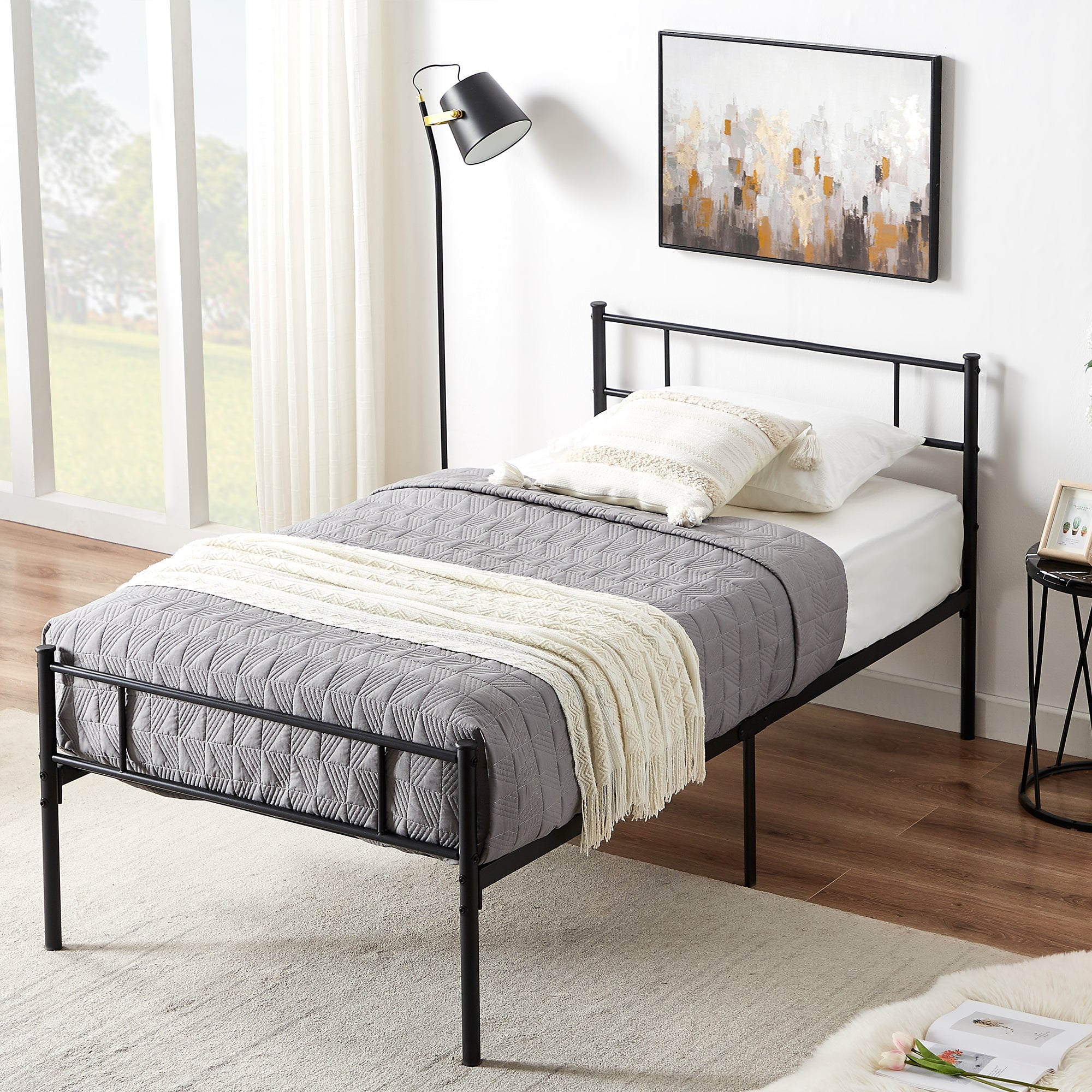 Metal Platform Twin Bed Frame/Bed, Box Spring Replacement w/ Headboard ...