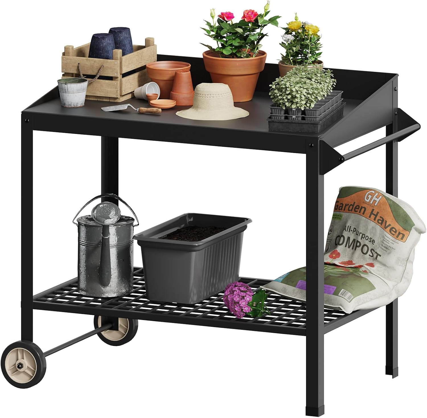 Metal Potting Bench with Wheels Planting Table for Outdoor Gardening ...