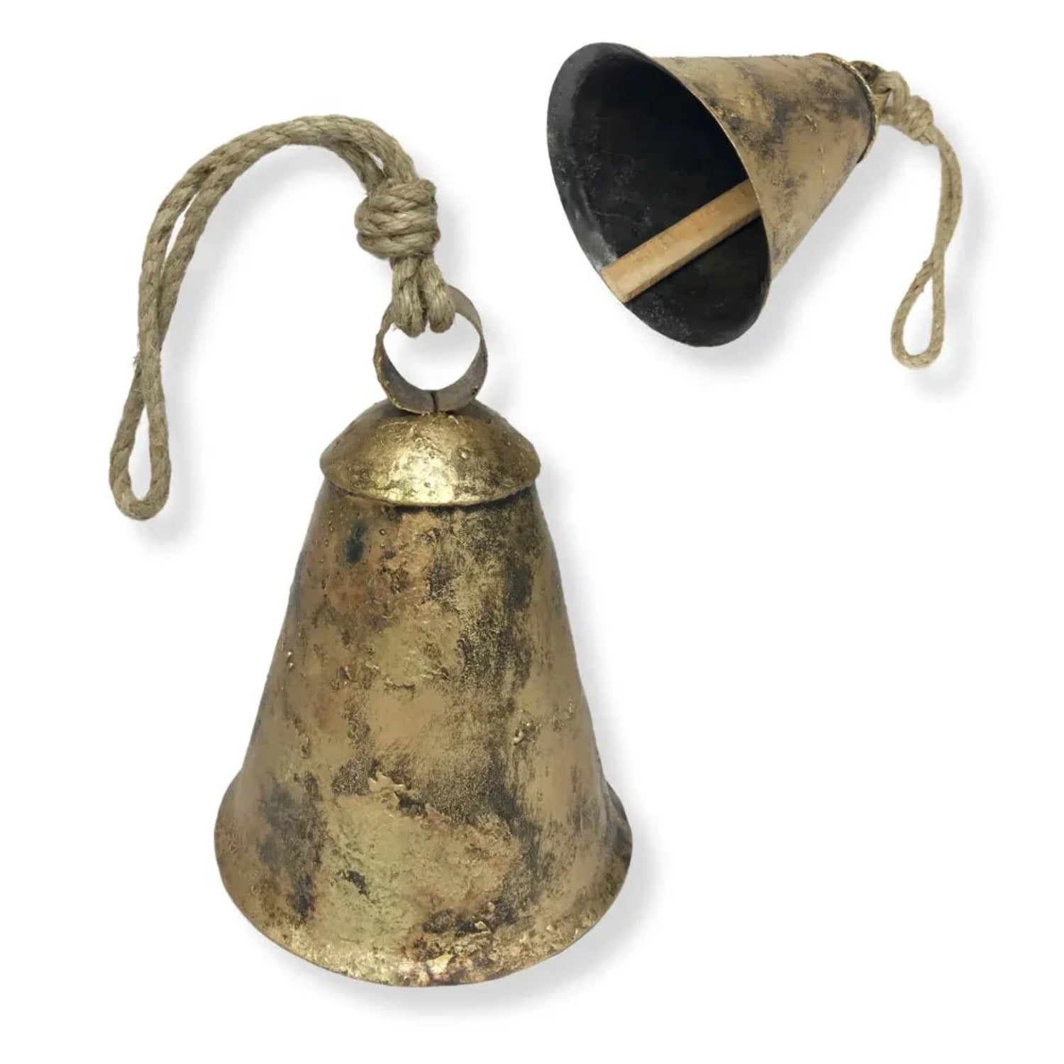 Metal Prairie Cow Bell - Aged Antique Gold Finish - Jute Rope and ...