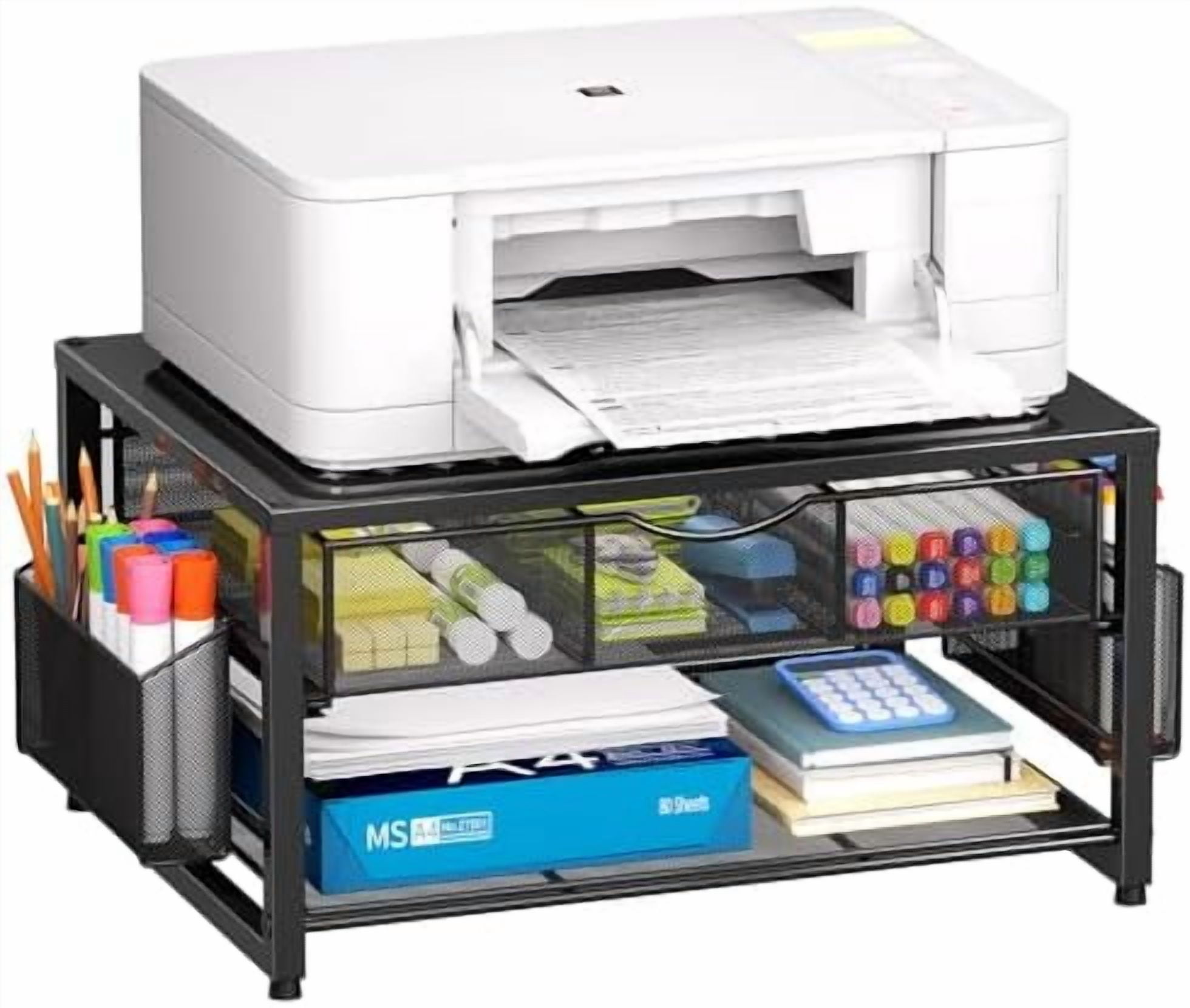 Metal Printer Stand for Desk with Storage Drawer and 2 Pen Holders, 2 ...