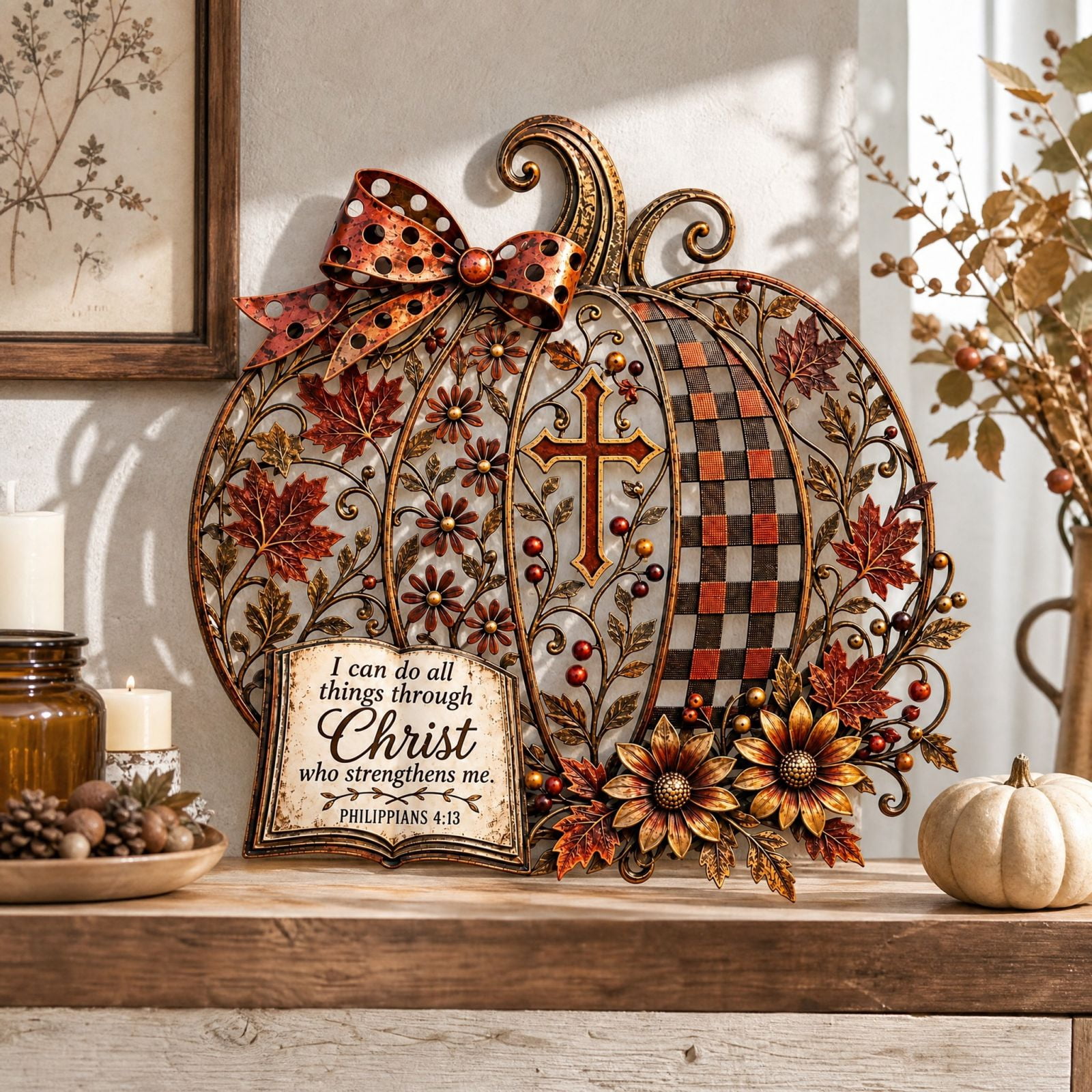 Metal Pumpkin Wall Decor with Cross and Bible Verse, Rustic Farmhouse ...