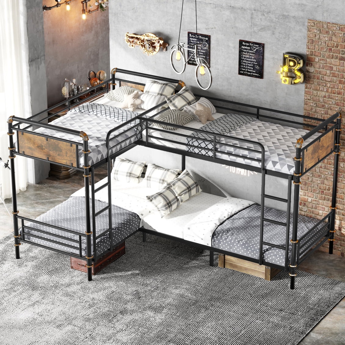 Metal Quad Bunk Bed with Ladders, Heavy Duty 4 Sleeper Bunk Bed Frame ...