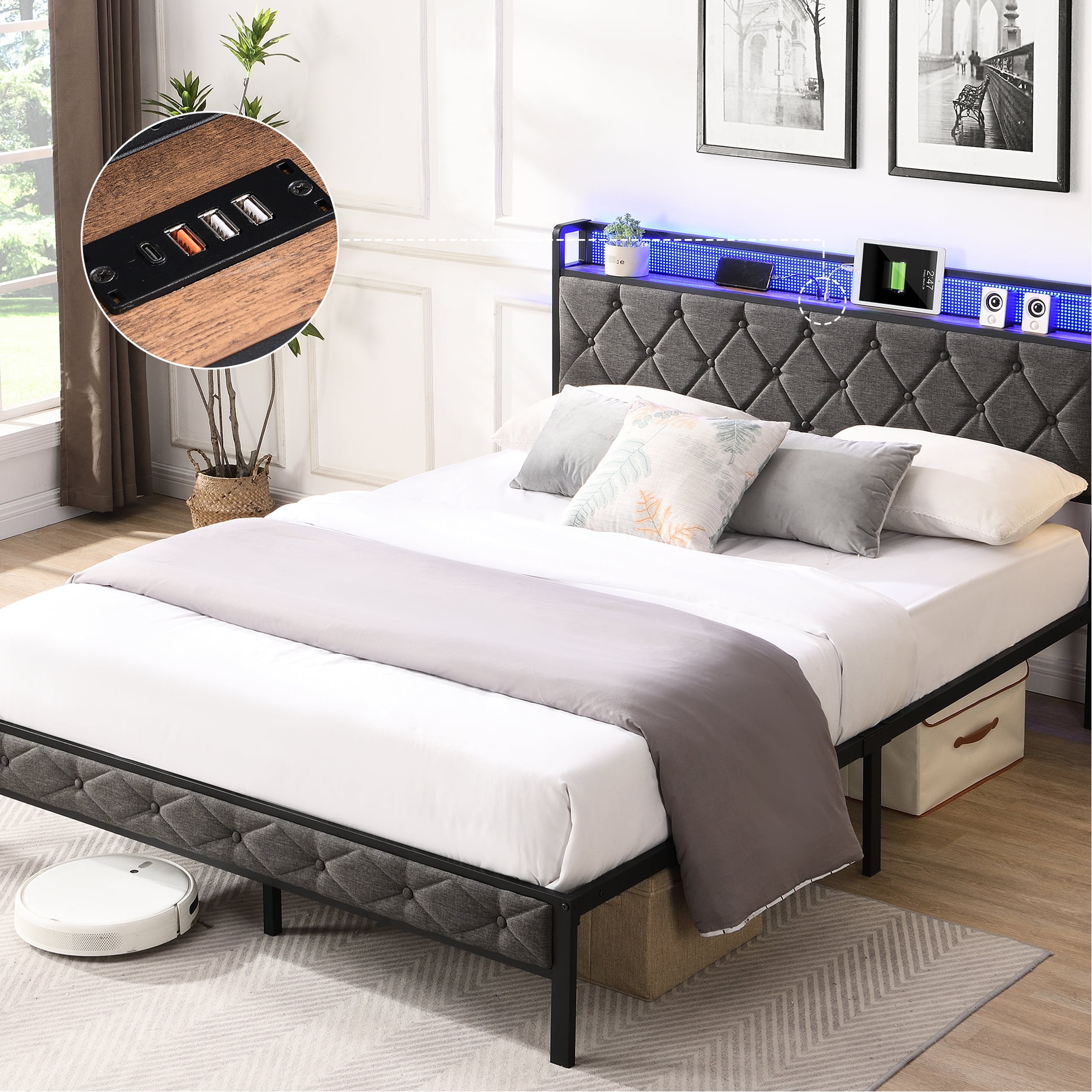 Metal Queen Bed With Storage Headboard, Led Lights & Charging - Dark ...