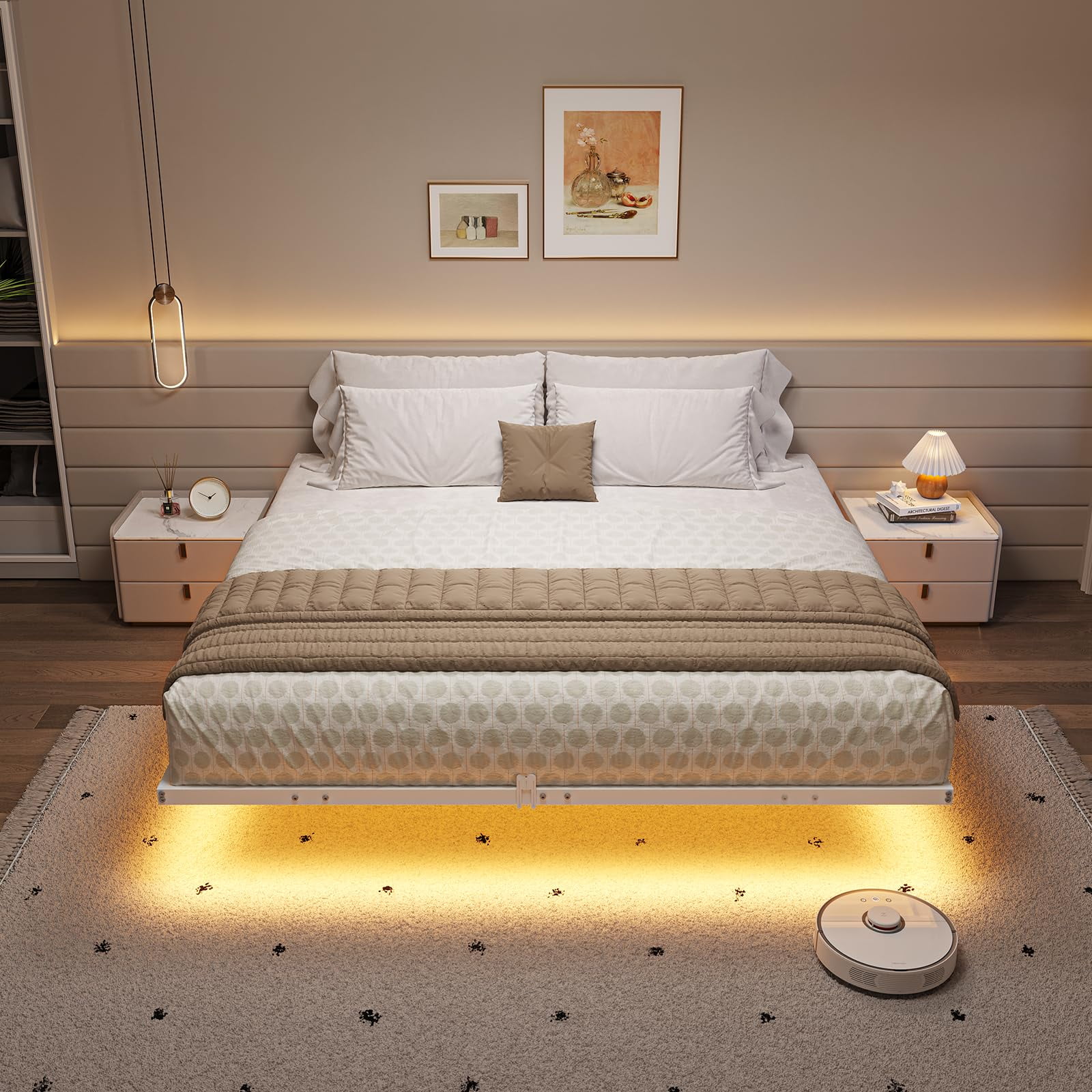 Metal Queen Floating Bed Frame with LED Lights, Queen Size Platform Bed ...