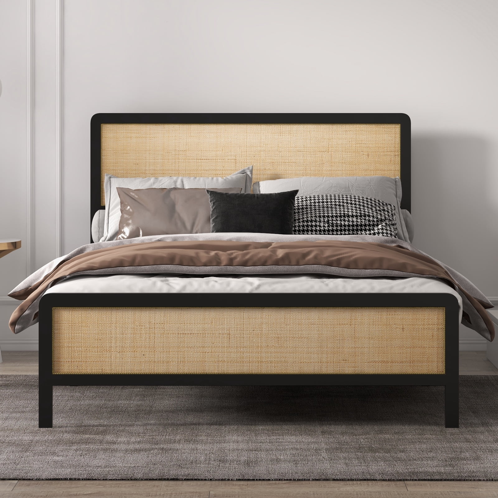 Joyspirit Metal Queen Size Bed Frame with Rattan Headboard and ...