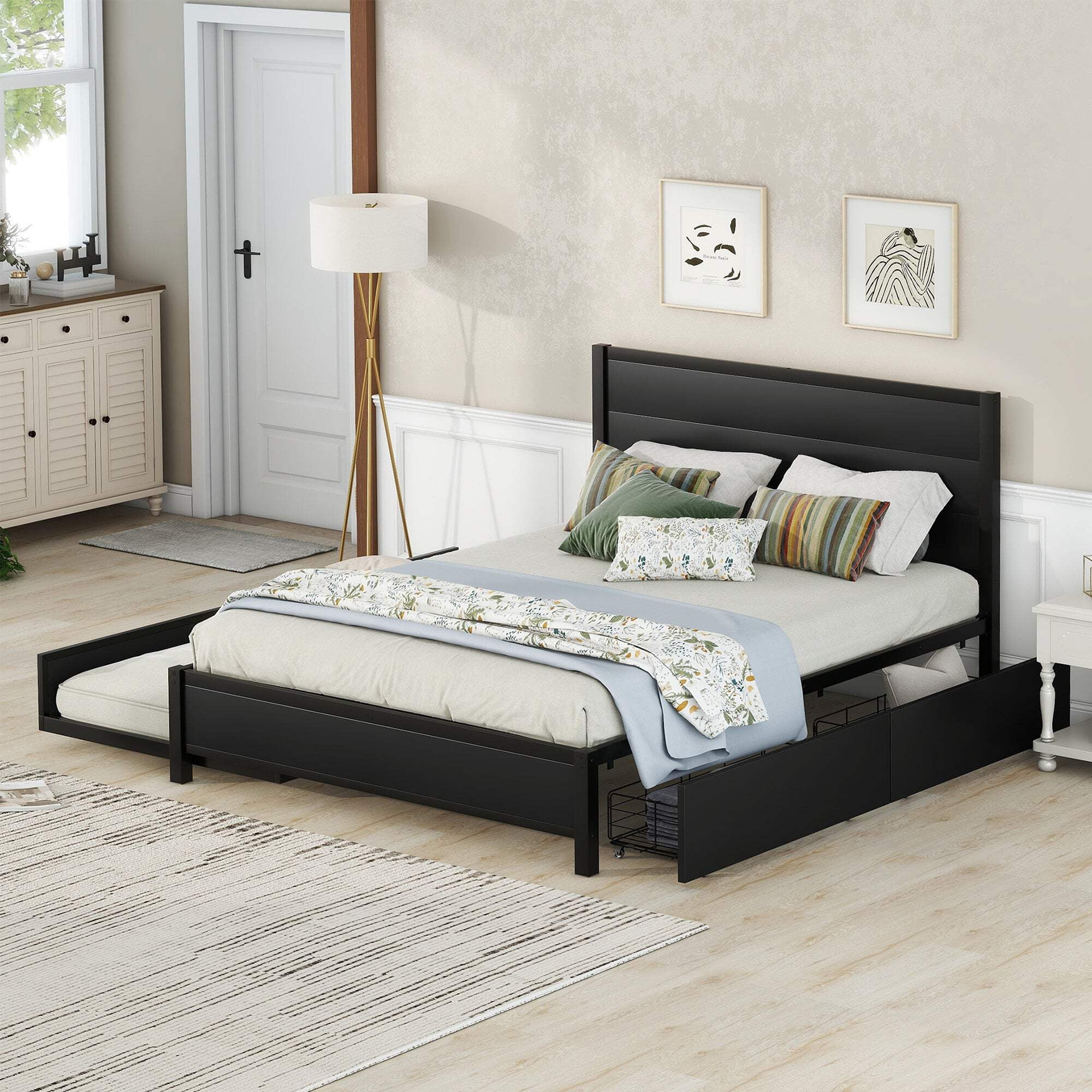 Metal Queen Size Storage Platform Bed With Twin Size Trundle And 2 ...