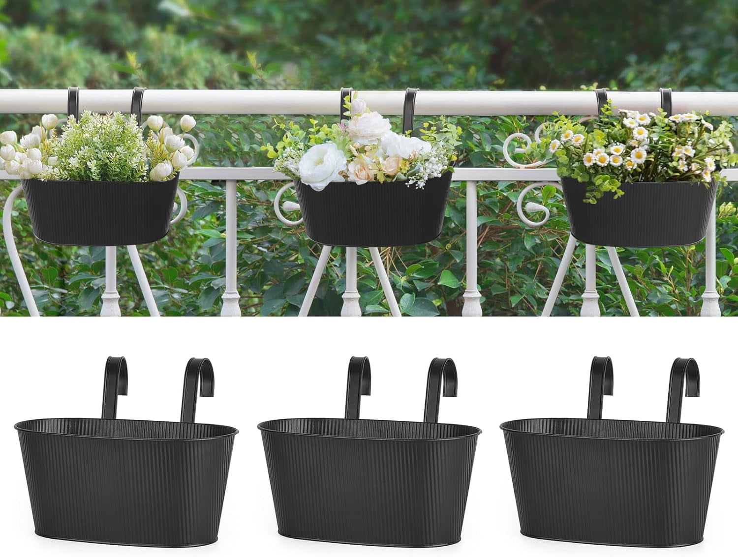 Metal Railing Planter Box 3 Pack Balcony Hanging Planter for Outdoor ...
