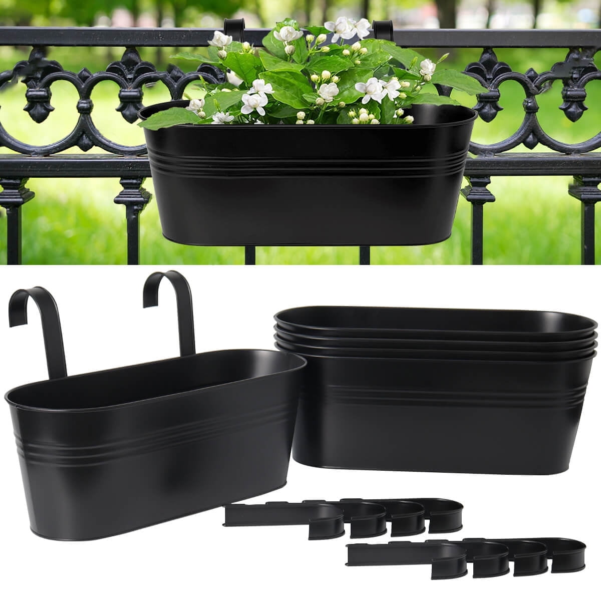 Metal Railing Planter for Outdoor Plants - 5 Pack 16 Inch Balcony ...