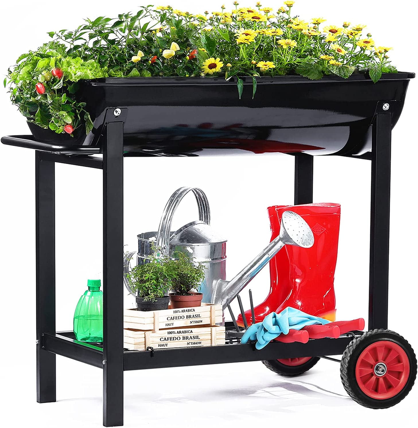 Metal Raised Planter Box on Wheels with Gardening Kit, Elevated, Mobile ...