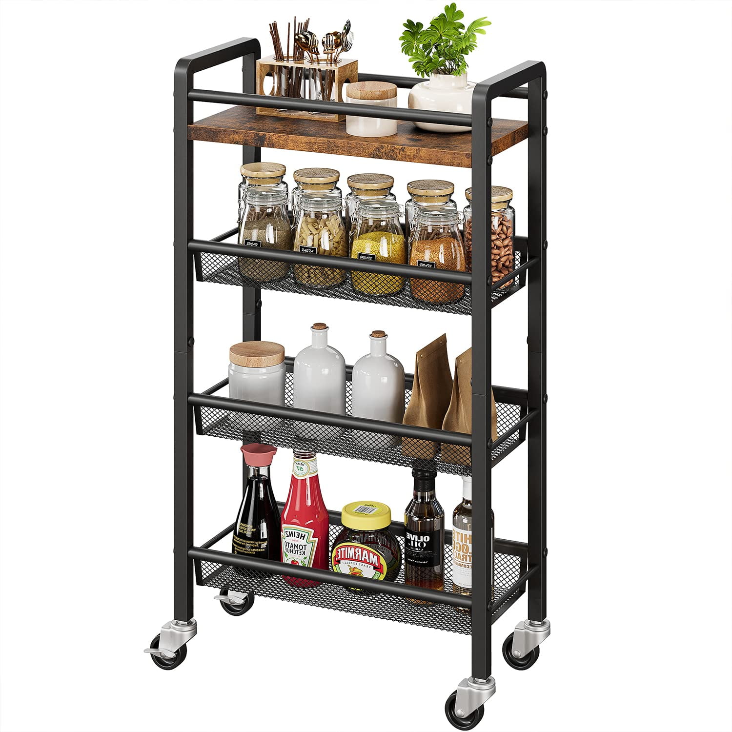 Metal Rolling Cart, 4 Tier Serving Cart Storage Cart with Handle ...