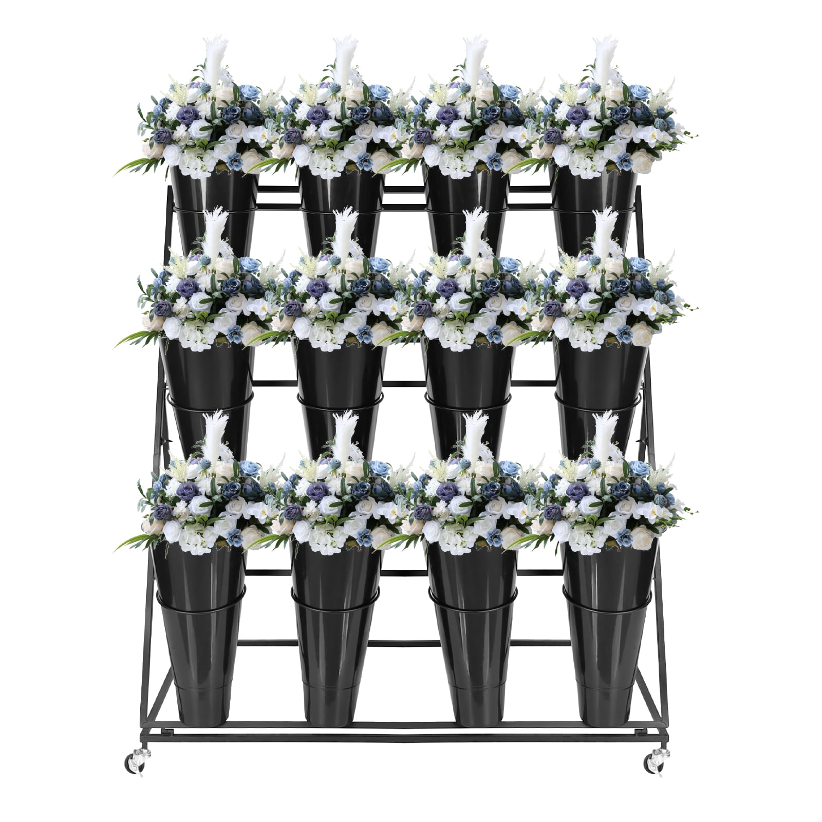 Metal Rolling Flower Display Rack, 12 Round Buckets, 3 Tiers, for Patio ...