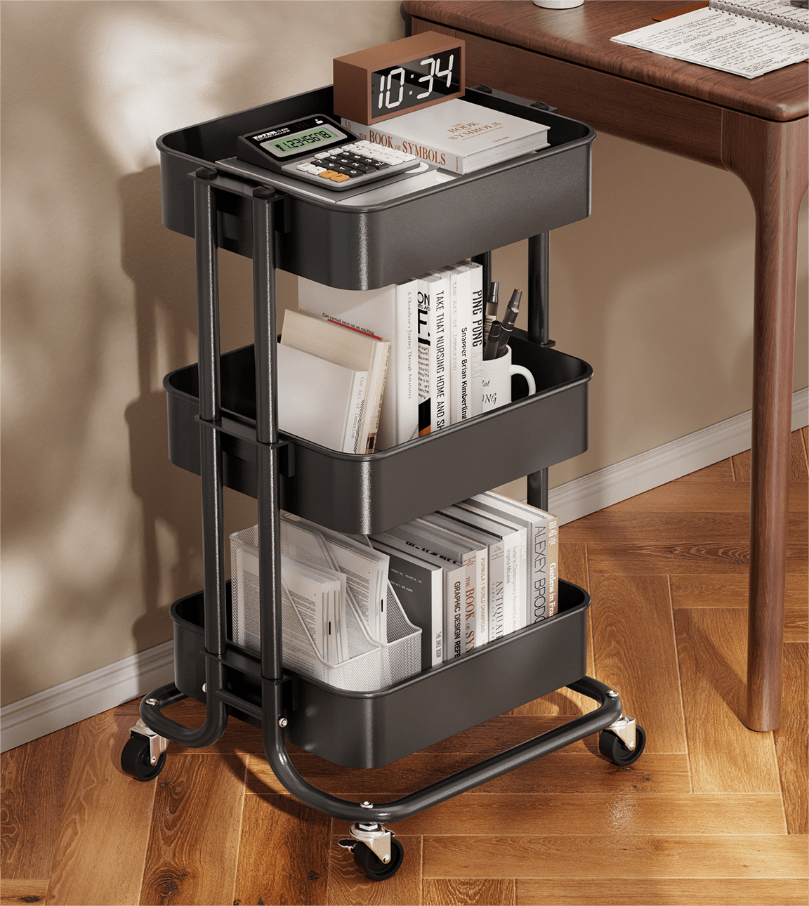 3 Tier Mesh Utility Cart Rolling Metal Organization Cart with Handle ...