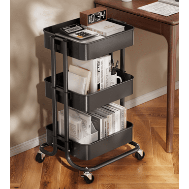 3 Tier Mesh Utility Cart Rolling Metal Organization Cart with Handle ...