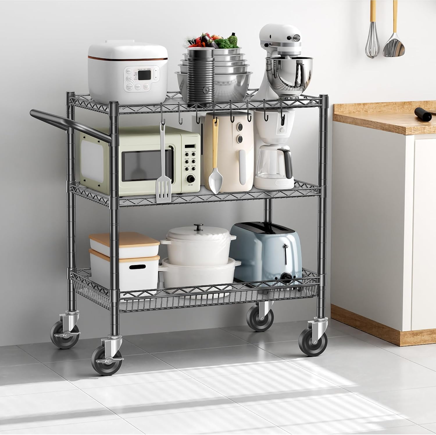 Metal Rolling Utility Carts with Wheels, 3 Tier Heavy Duty Cart 1050 ...