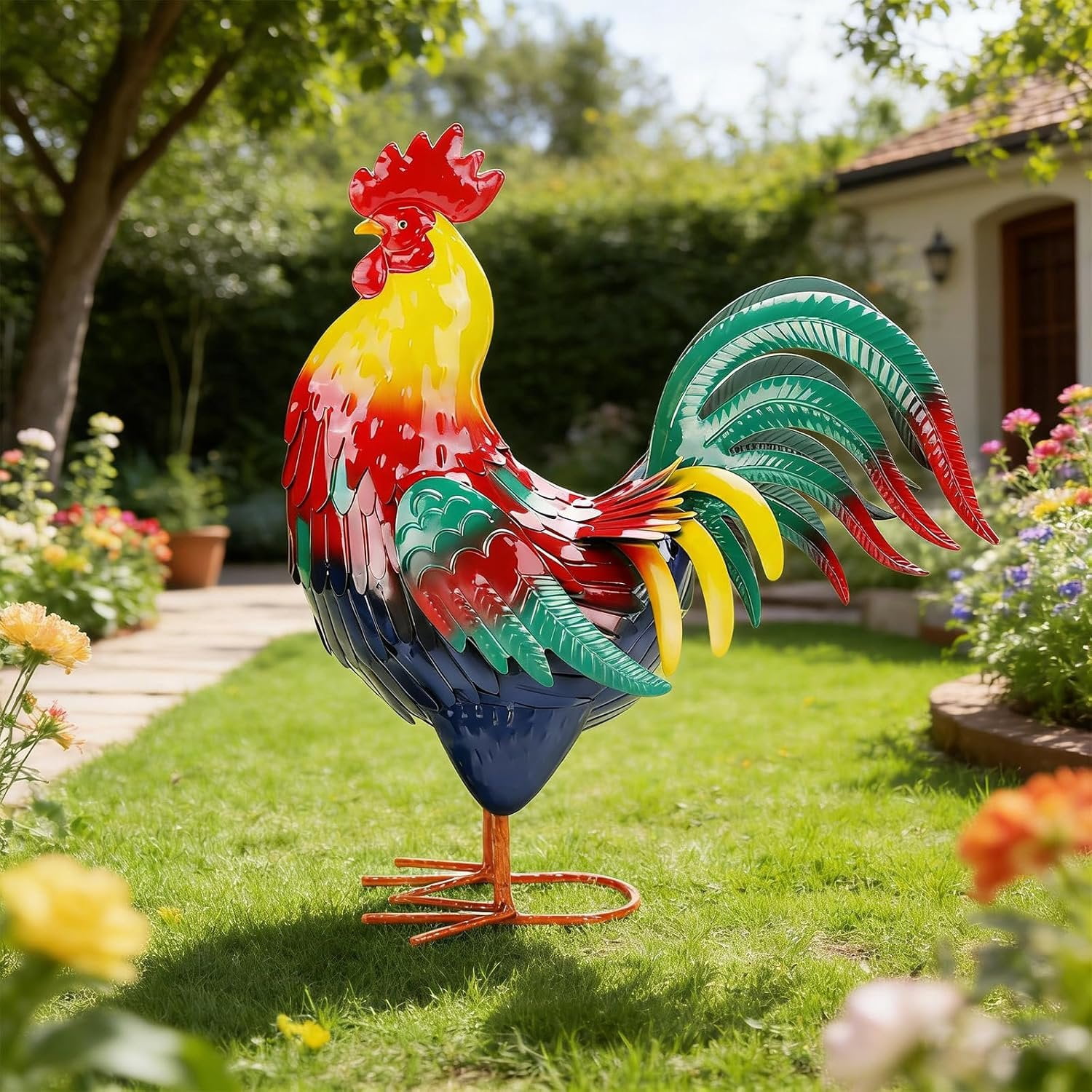 Metal Rooster Garden Statue Outdoor Decor Yard 17" Chicken Statue ...