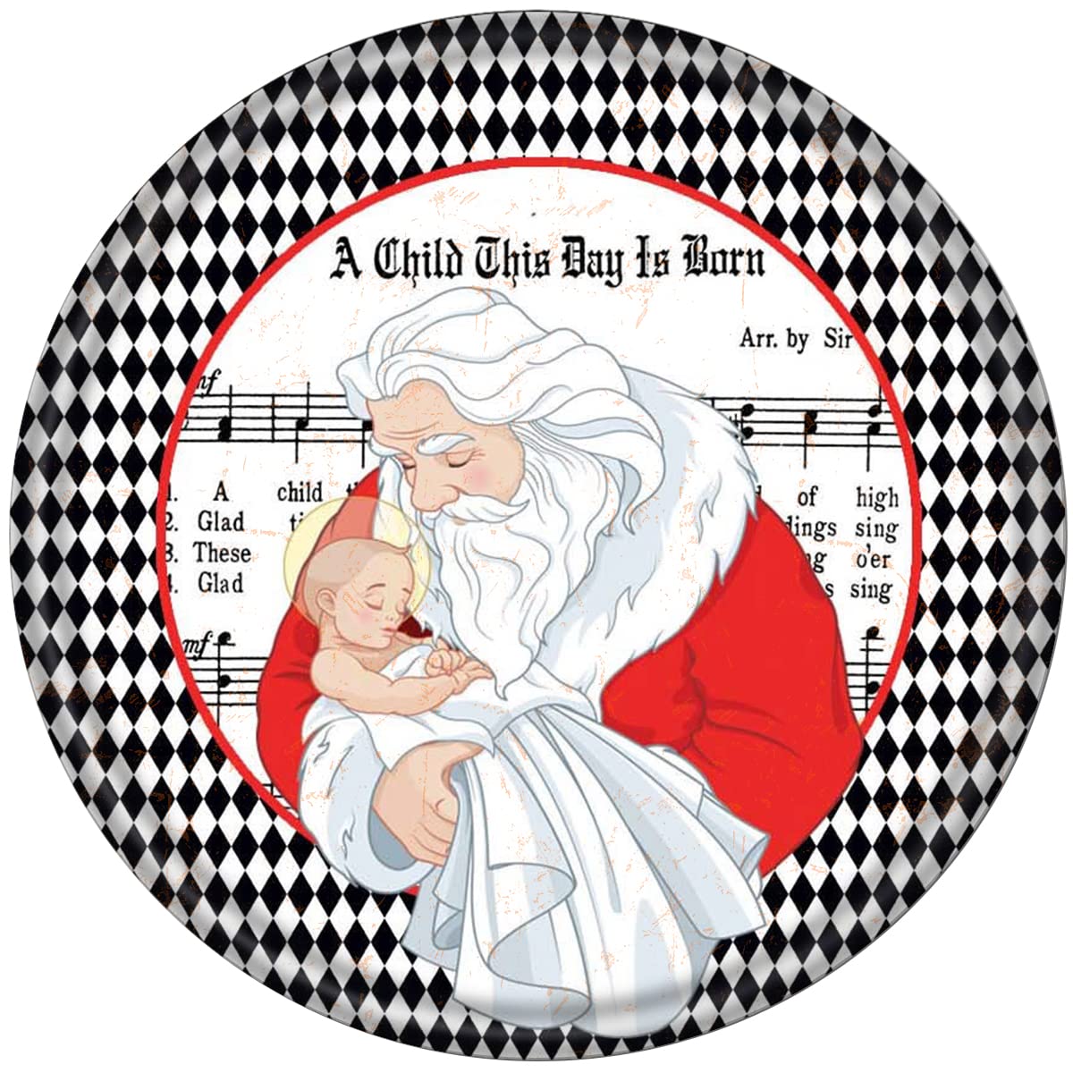 Metal Round Tin Signs A Child is Born Santa Wreath Sign Santa with Baby ...