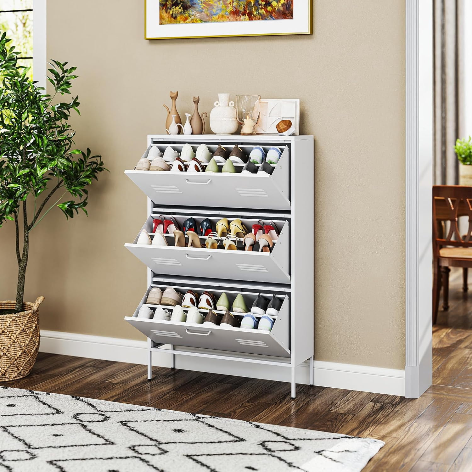 Metal Shoe Cabinet with 3 Flip Drawers, Free Standing Hidden Slim Steel ...