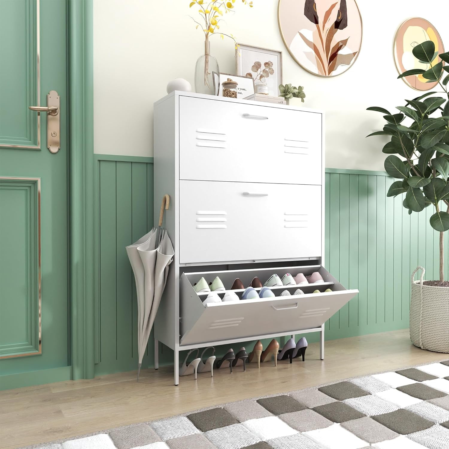 Metal Shoe Cabinet with 3 Flip Drawers, Shoe Storage Cabinet for ...