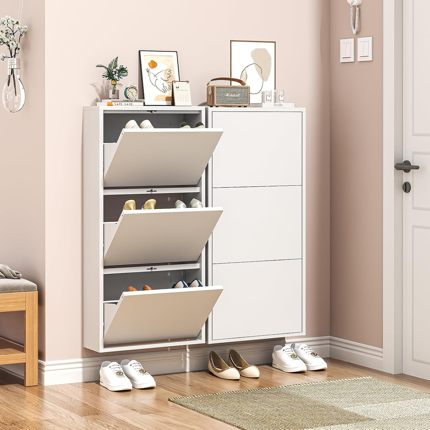 Metal Shoe Cabinet for Entryway, White Slim Shoe Organizer with 3 Flip ...