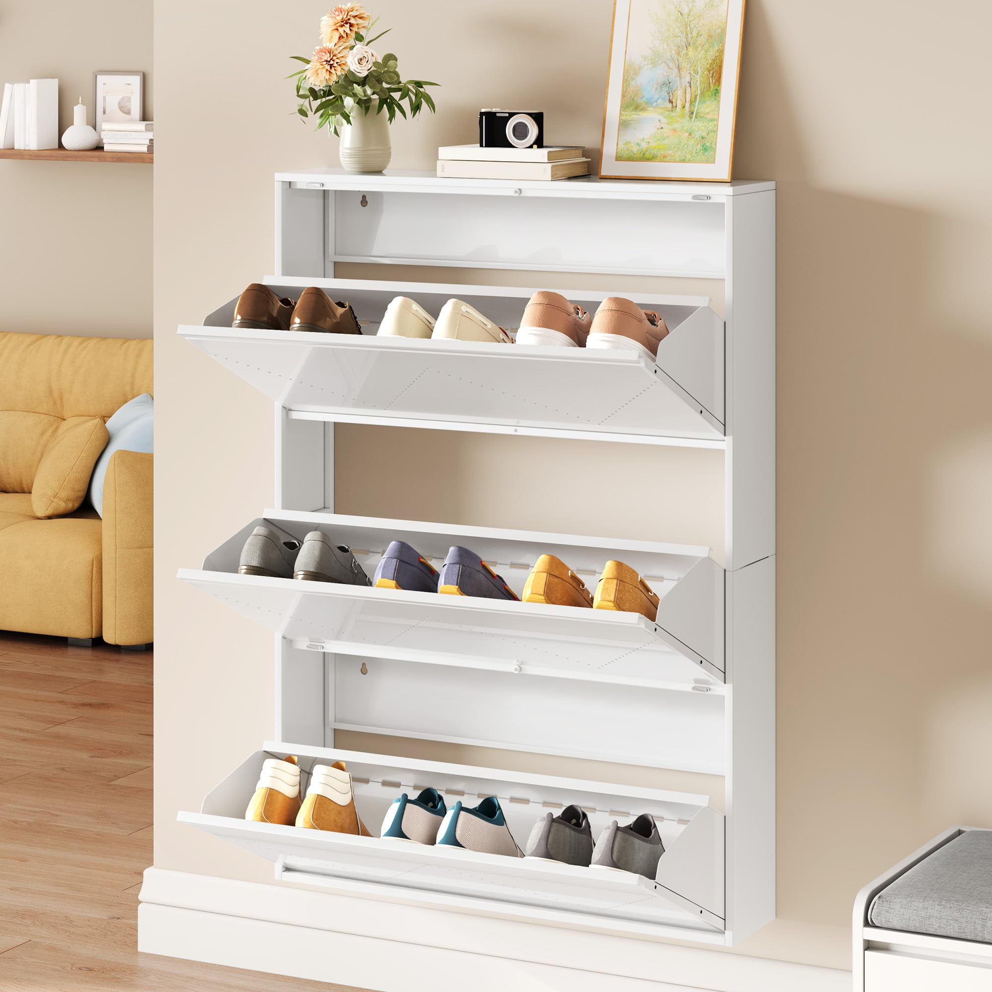 Metal Shoe Cabinet, Wall Mounted Shoe Cabinet with 3 Flip Drawers ...