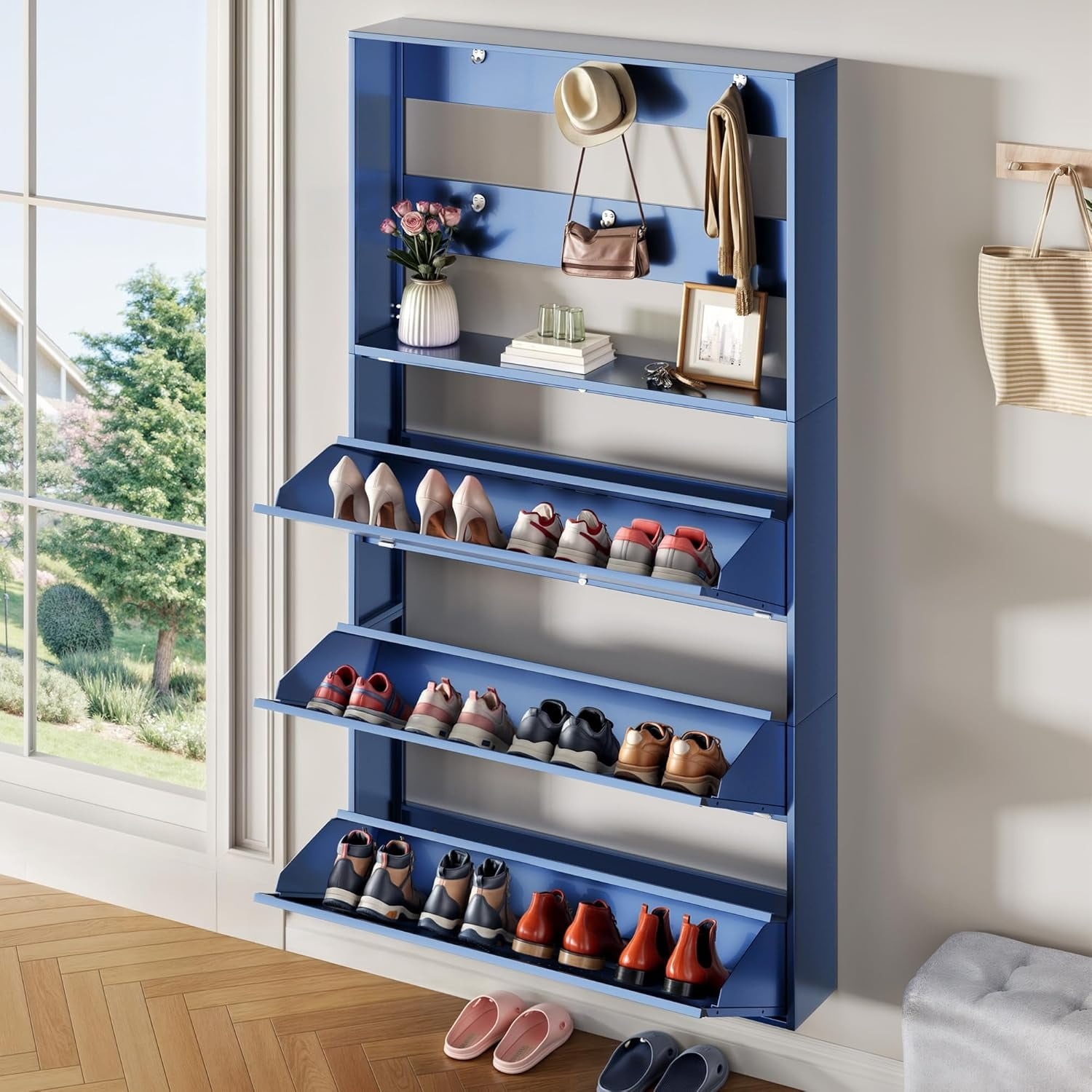 Metal Shoe Cabinet, Wall Mounted Shoe Cabinet with 3 Flip Drawers ...