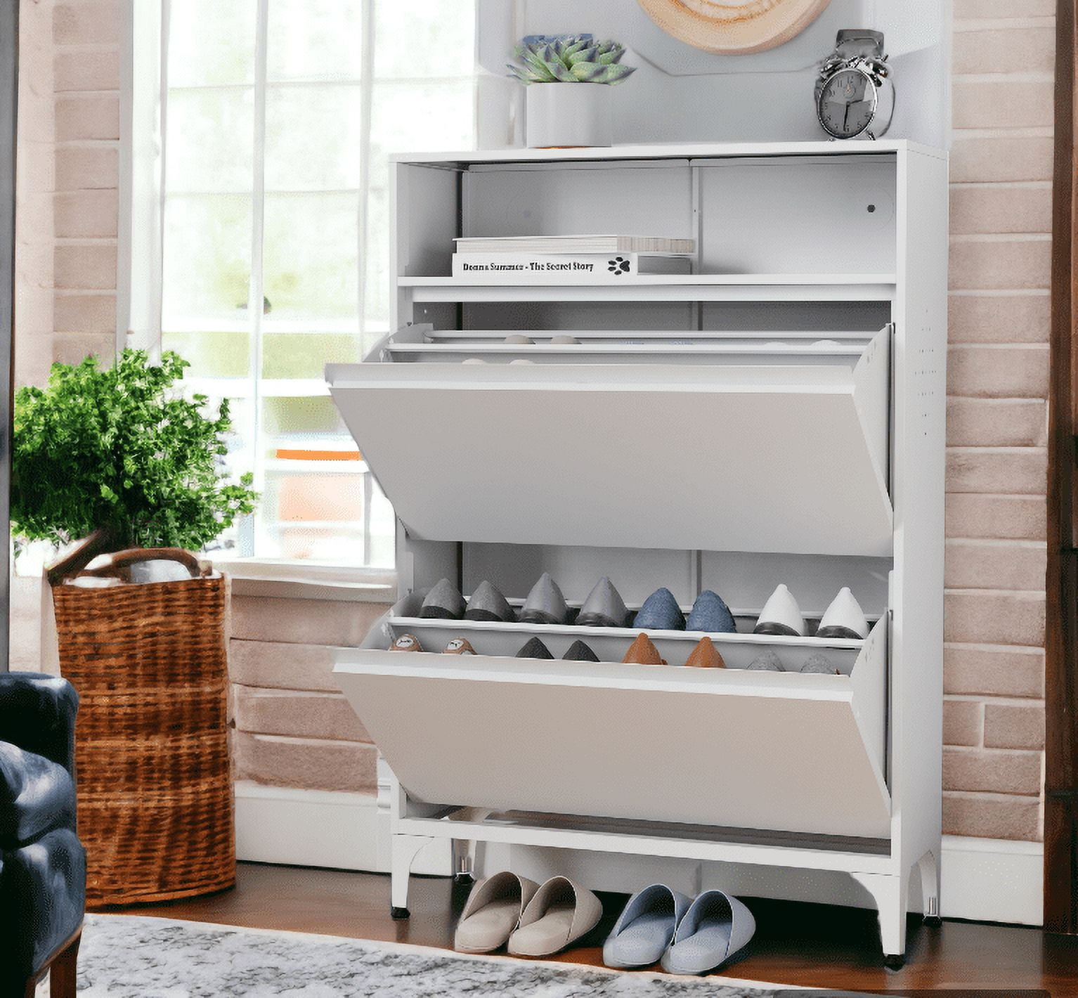 Metal Shoe Cabinet With 2 Flip Drawers,Free Standing Storage Racks With ...