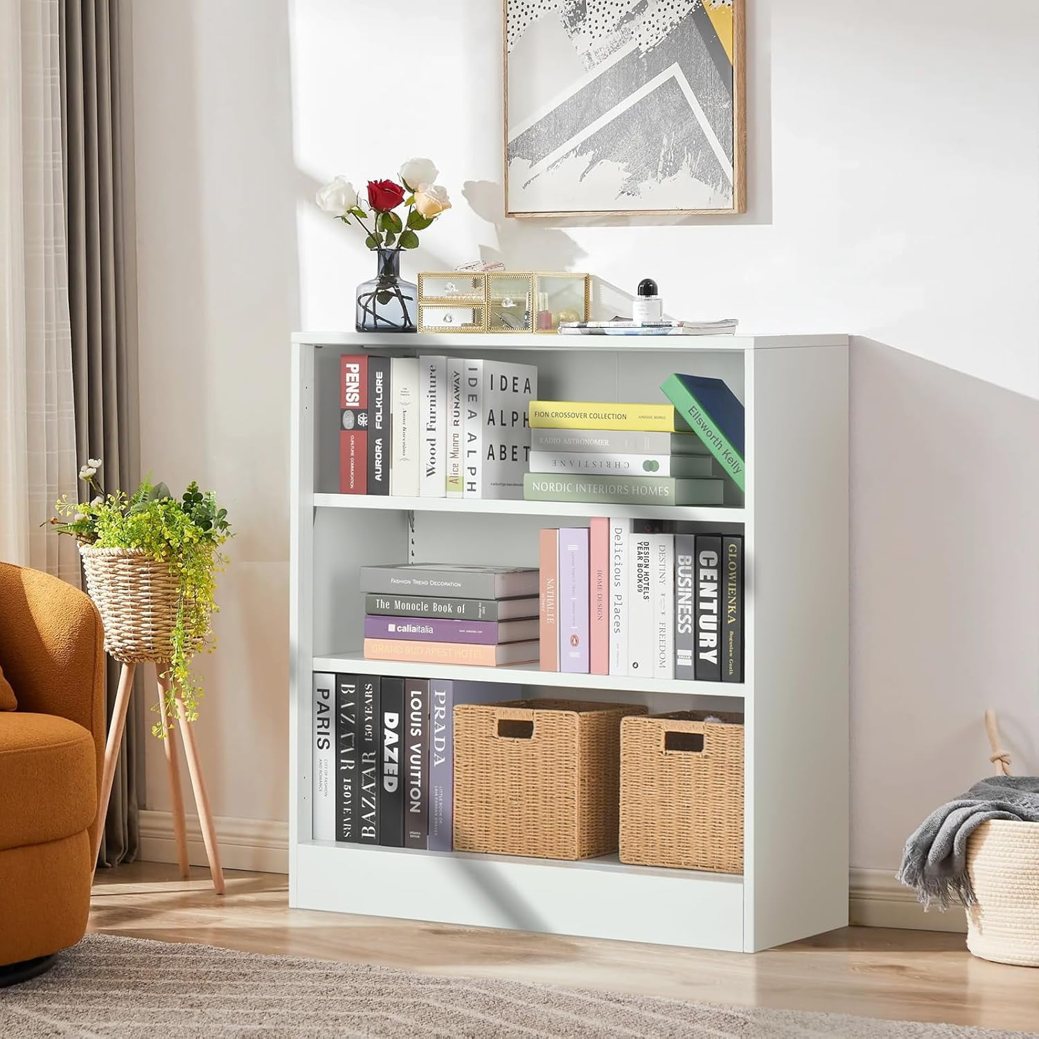 Metal Short Bookshelf, 3-Tier Bookshelf with Adjustable Shelves, White ...