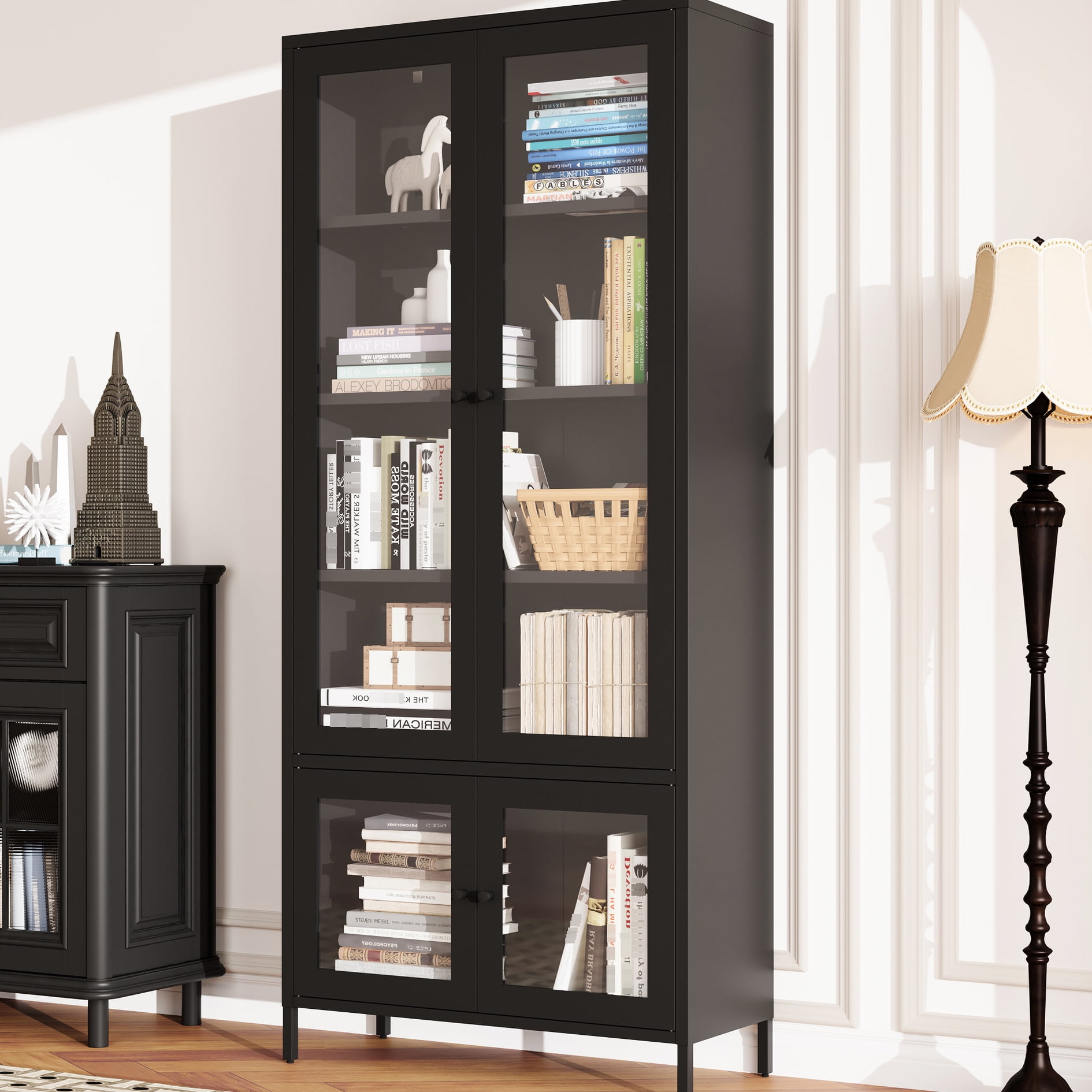 Metal Side Cabinet With 4 Glass Doors And 5 Shelves, Stable For Office ...