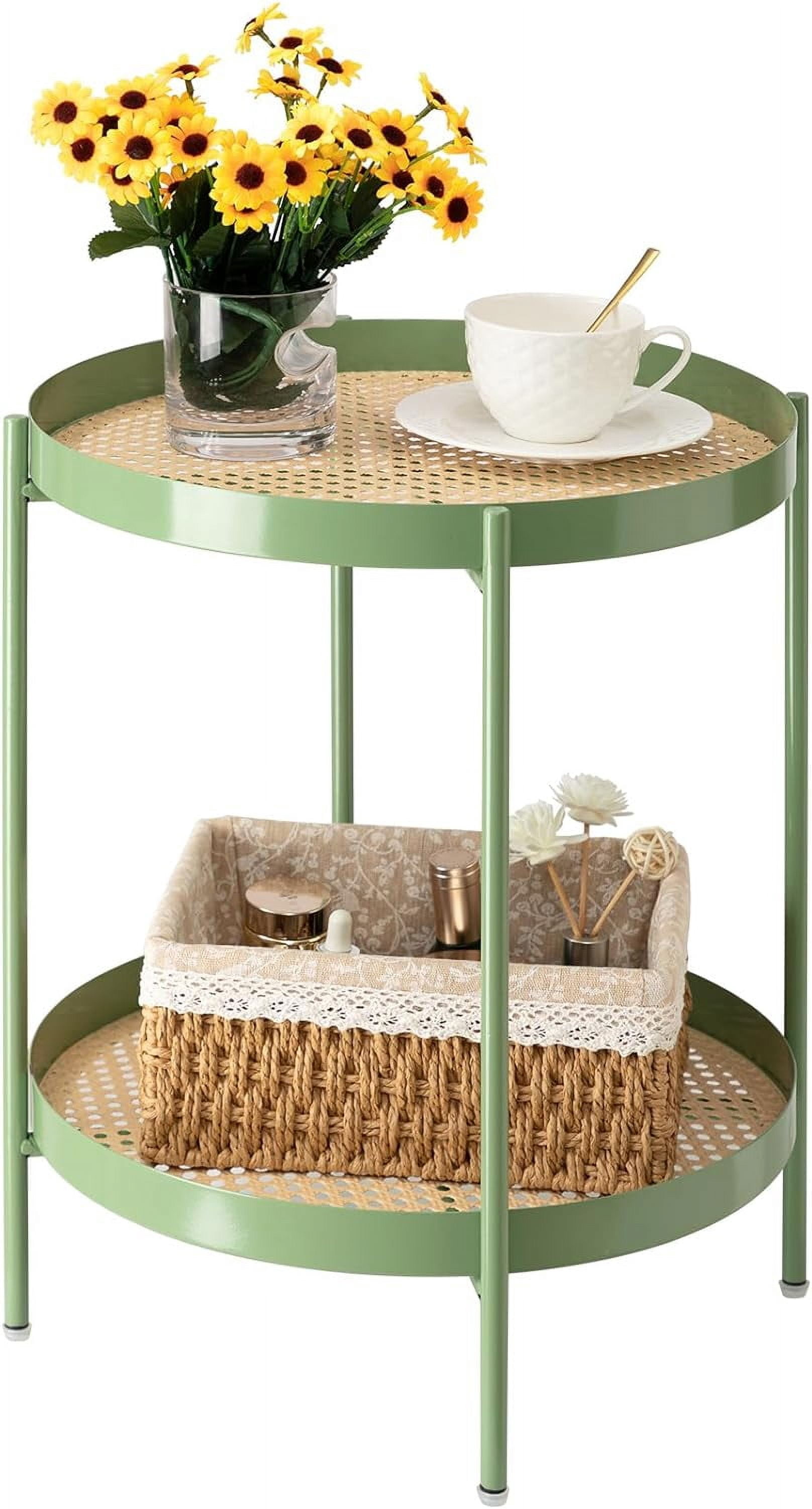 All Metal Side Table, 2 Tier Green End Table with Imitation Rattan ...