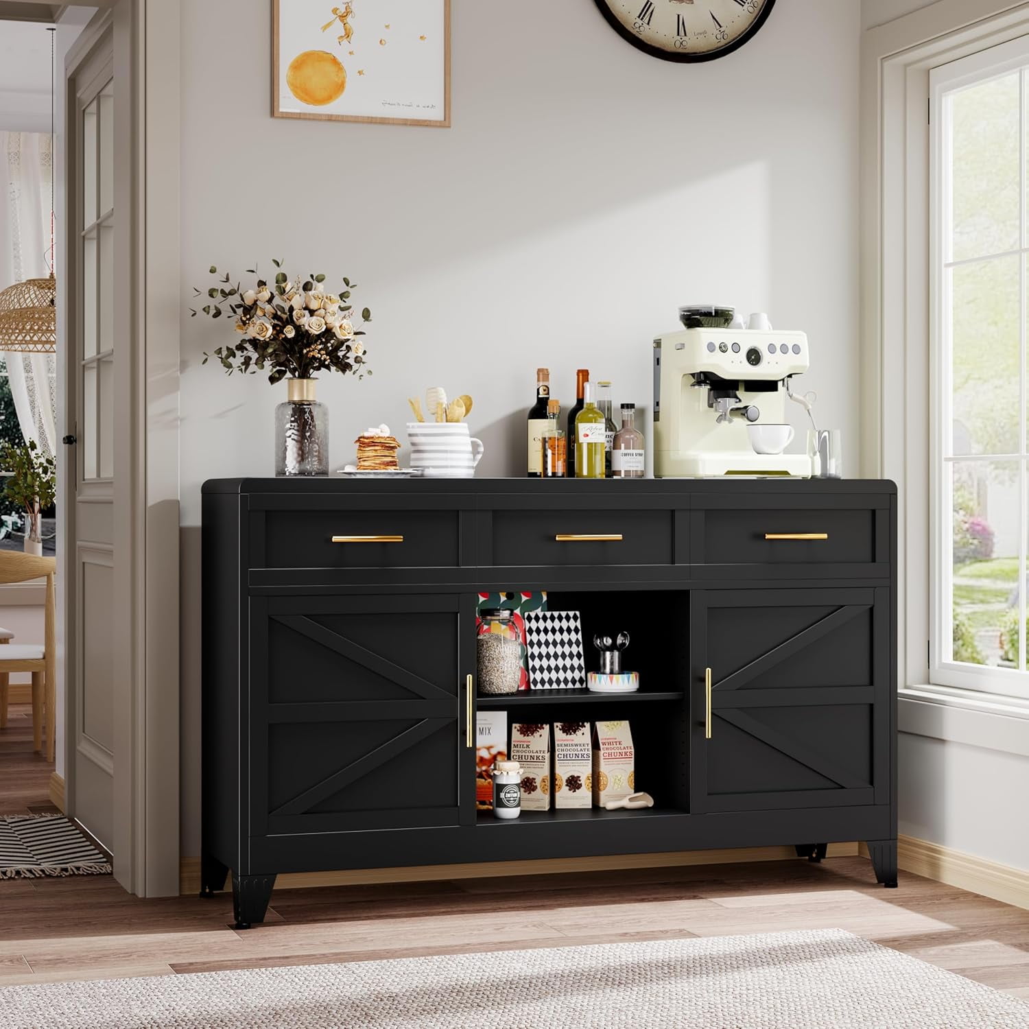Metal Sideboard Buffet Cabinet,Coffee Bar Cabinets with 2 Doors, 3 ...