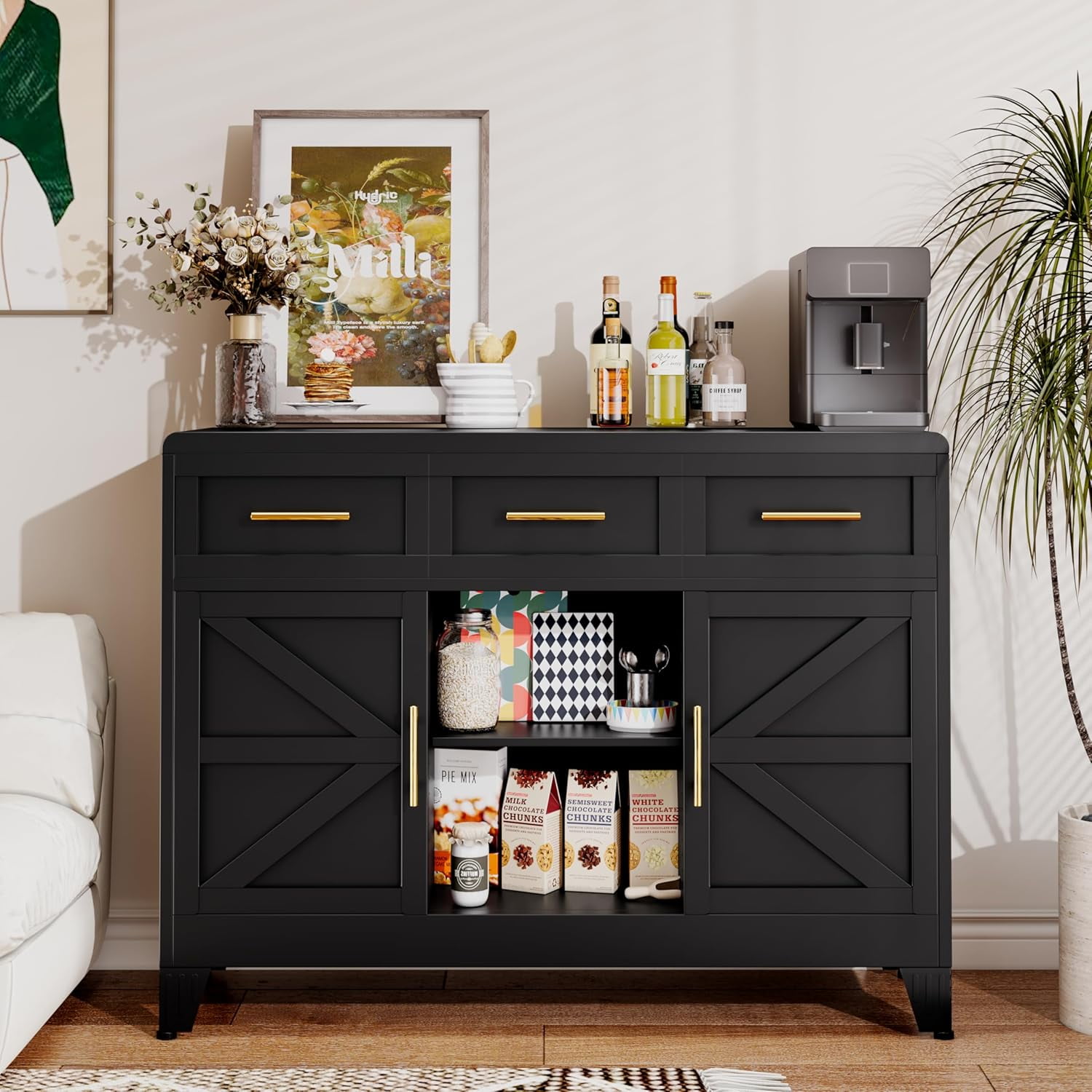 Metal Sideboard Buffet Cabinet,Coffee Bar Cabinets with 2 Doors, 3 ...