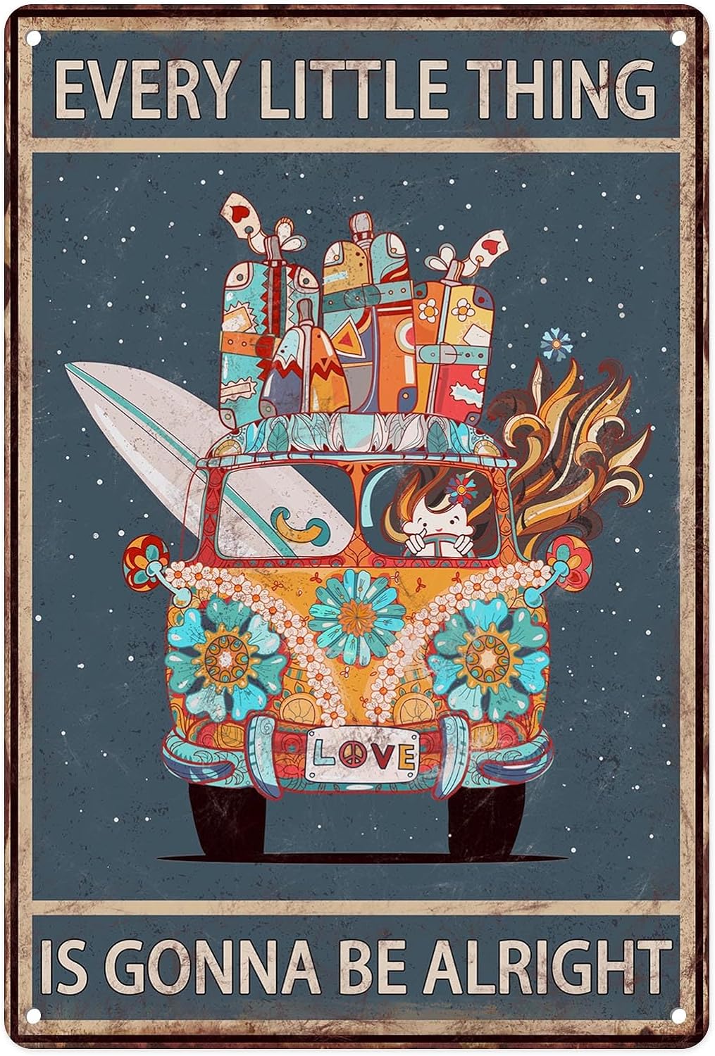 Metal Sign 8X12 Inch, Bus Hippie Flower Vintage Tin Sign Wall Art Decor ...