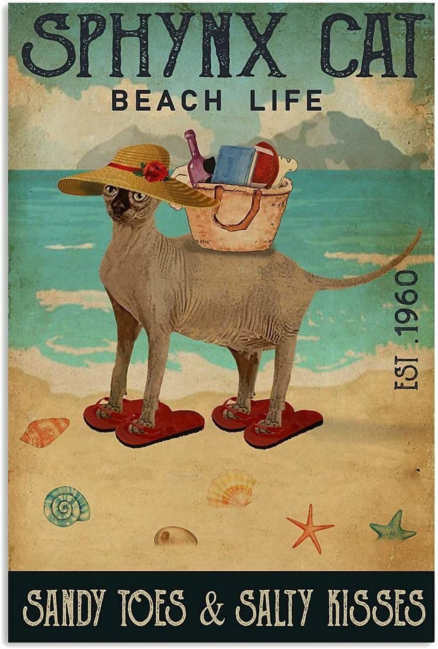 Metal Sign Beach Life Sandy Toes Sphynx cat Sign Vintage Funny Sign Retro Aluminum Tin Signs for ...