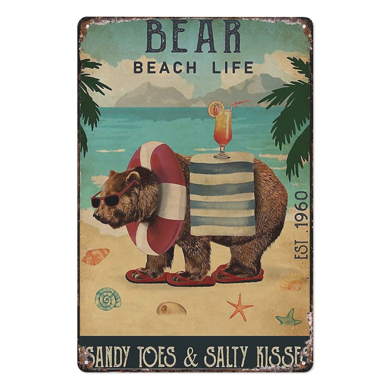 Metal Sign Bear Cocktail Beach Life Sandy Toes And Salty Kisses Poster ...