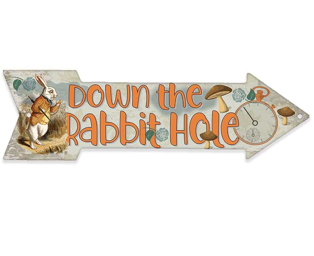 Outdoor Decor - 'Down The Rabbit Hole' Metal Sign - Directional Arrow ...