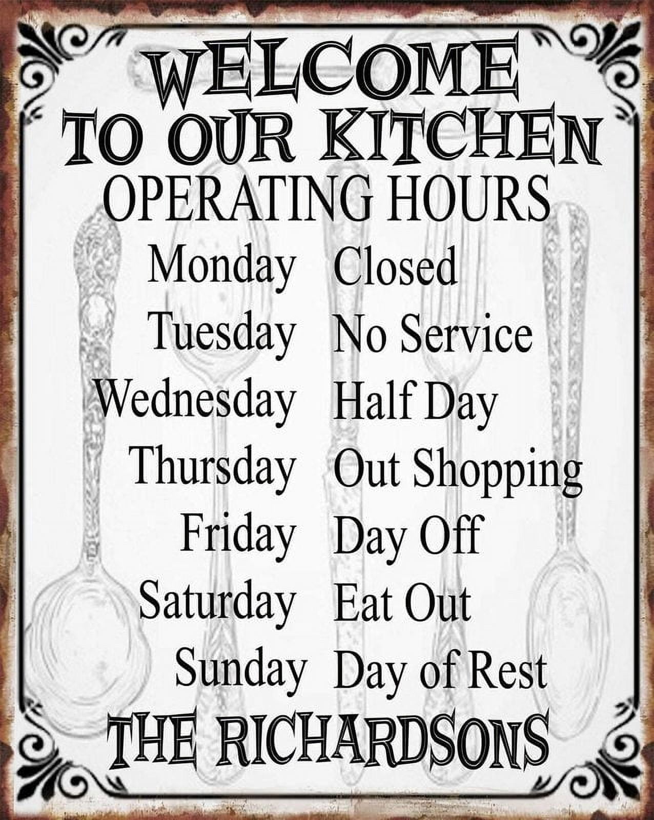 Metal Sign Funny Kitchen Operating Hours, Metal Wall Panel Retro Art ...