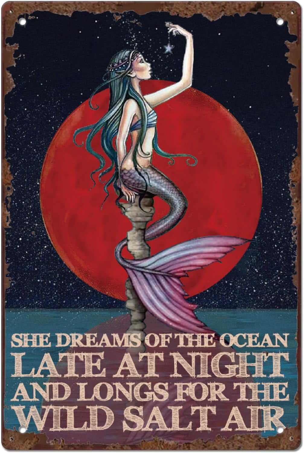 Metal Sign Mermaid Vintage Tign Sign Moon Sea Iron Wall Decor Illusionary Fairy Tale Metal ...