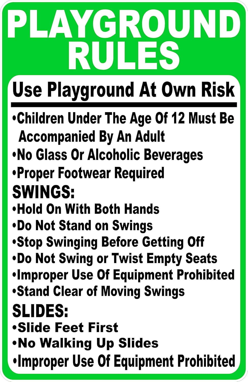 Metal Sign Playground Rules Use Playground At Your Own Risk With Rules ...