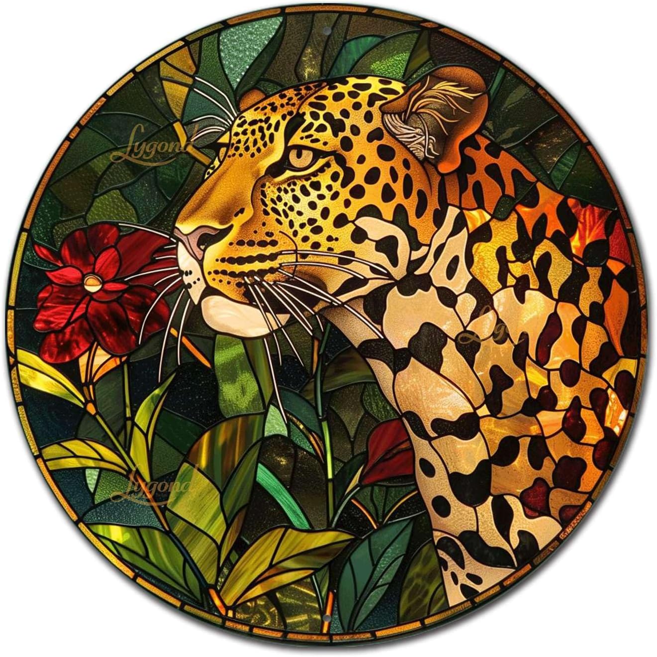 Metal Sign Tin Sign Circular Stained Glass Leopard Minimalist Wall Art ...