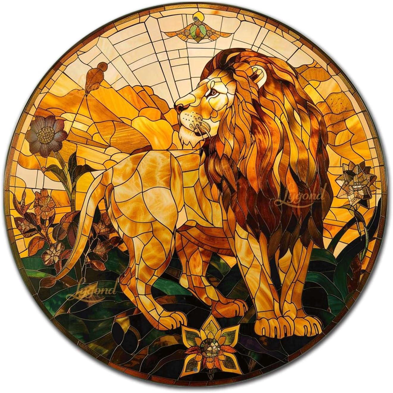 Metal Sign Tin Sign Circular Stained Glass Lion Funny Outdoor Decor for ...