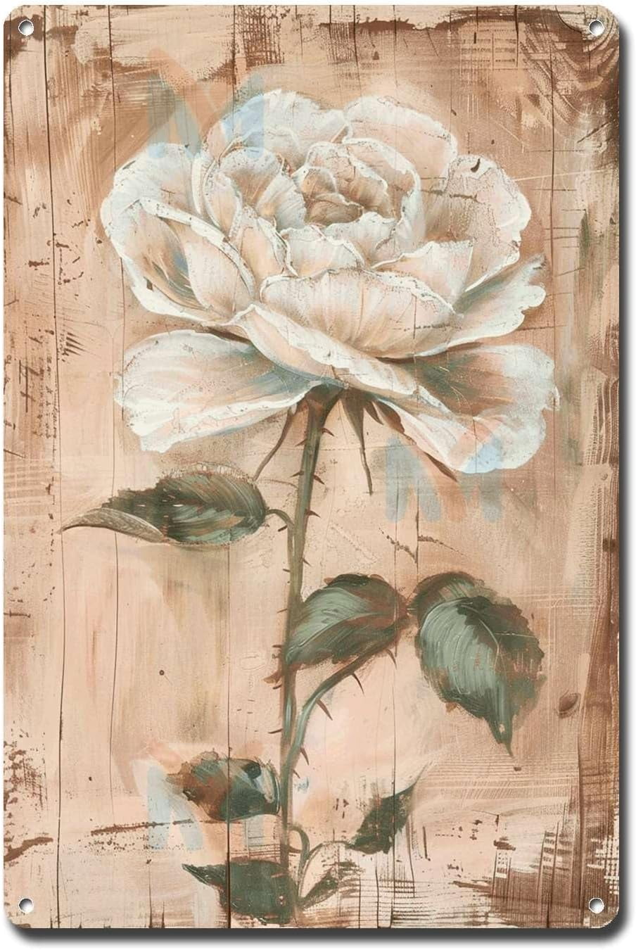 Metal Sign Tin Sign Vintage Wall Art Shabby Chic Rose Tin Sign for Antique Paint Effect White ...