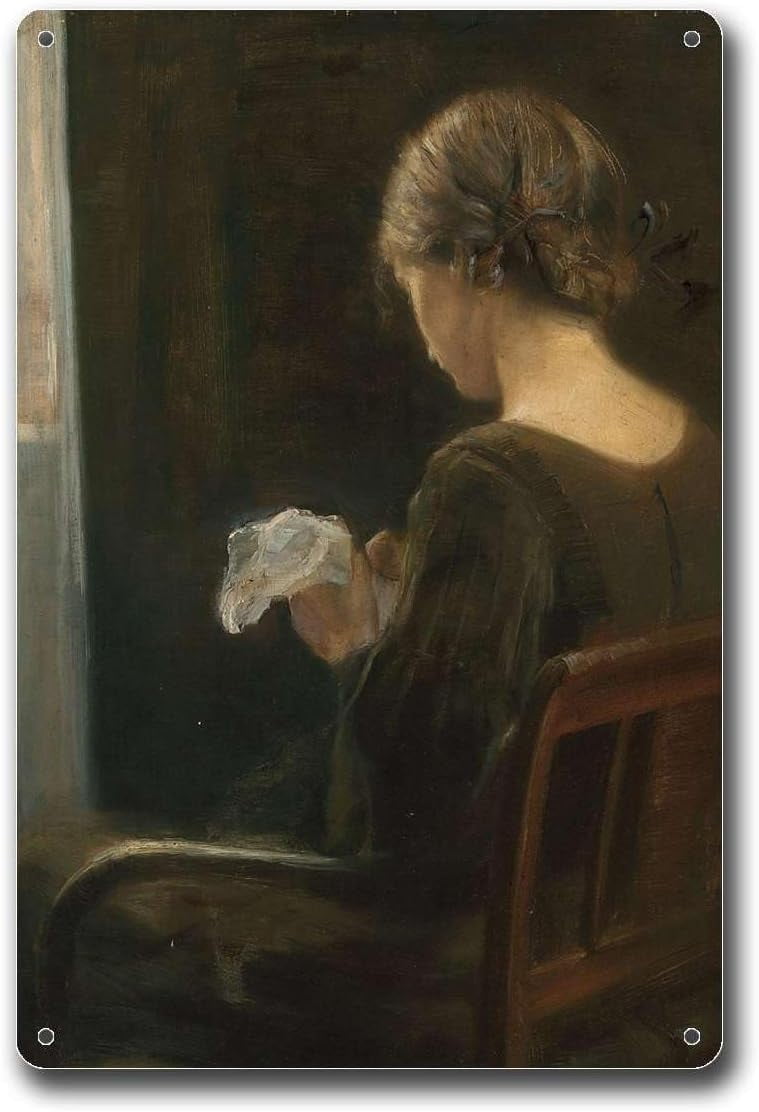 Metal Signs Vintage Portrait Woman Sewing At Window Antique Moody ...