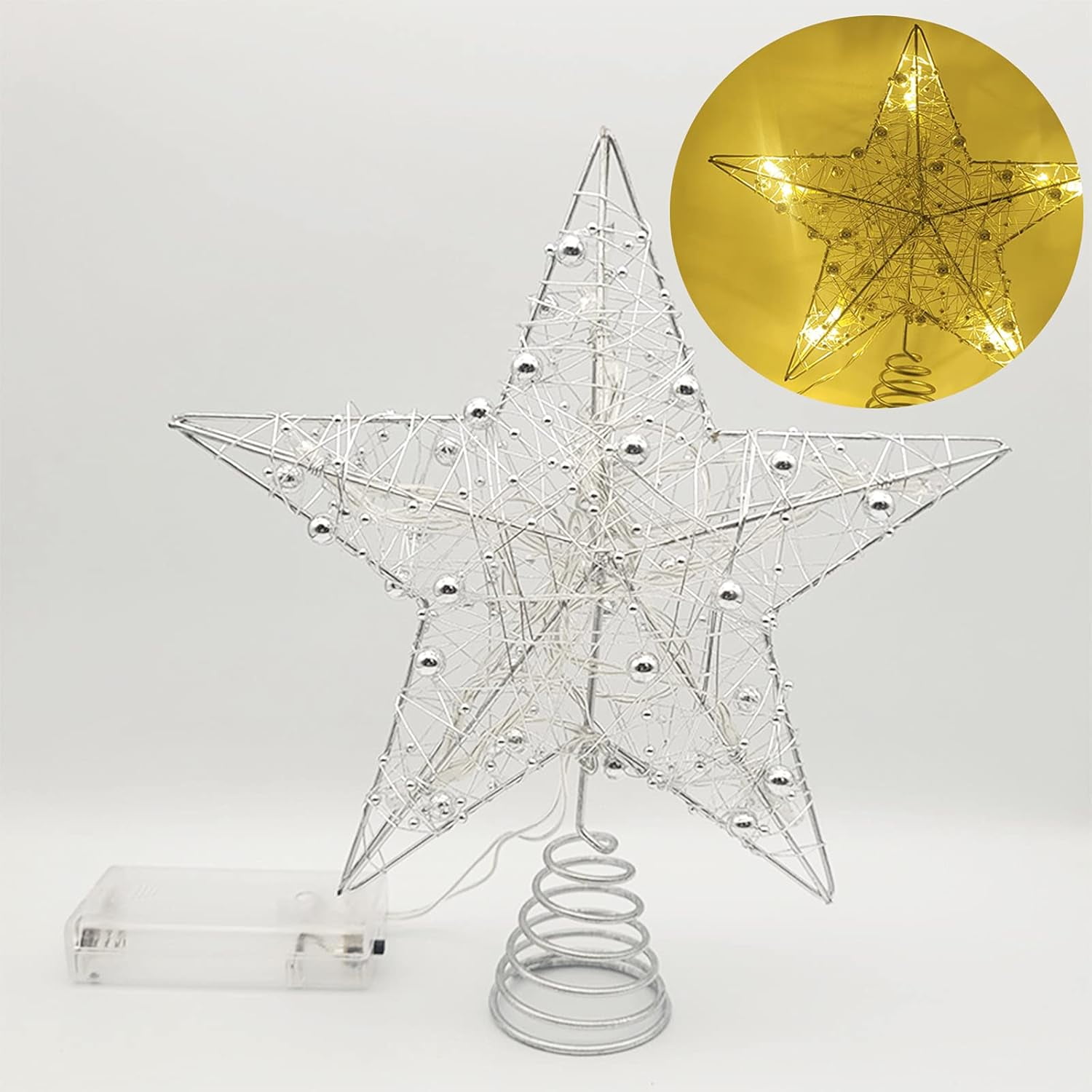 Metal Silver Glittered Hollow Star Christmas Tree Topper, Battery ...