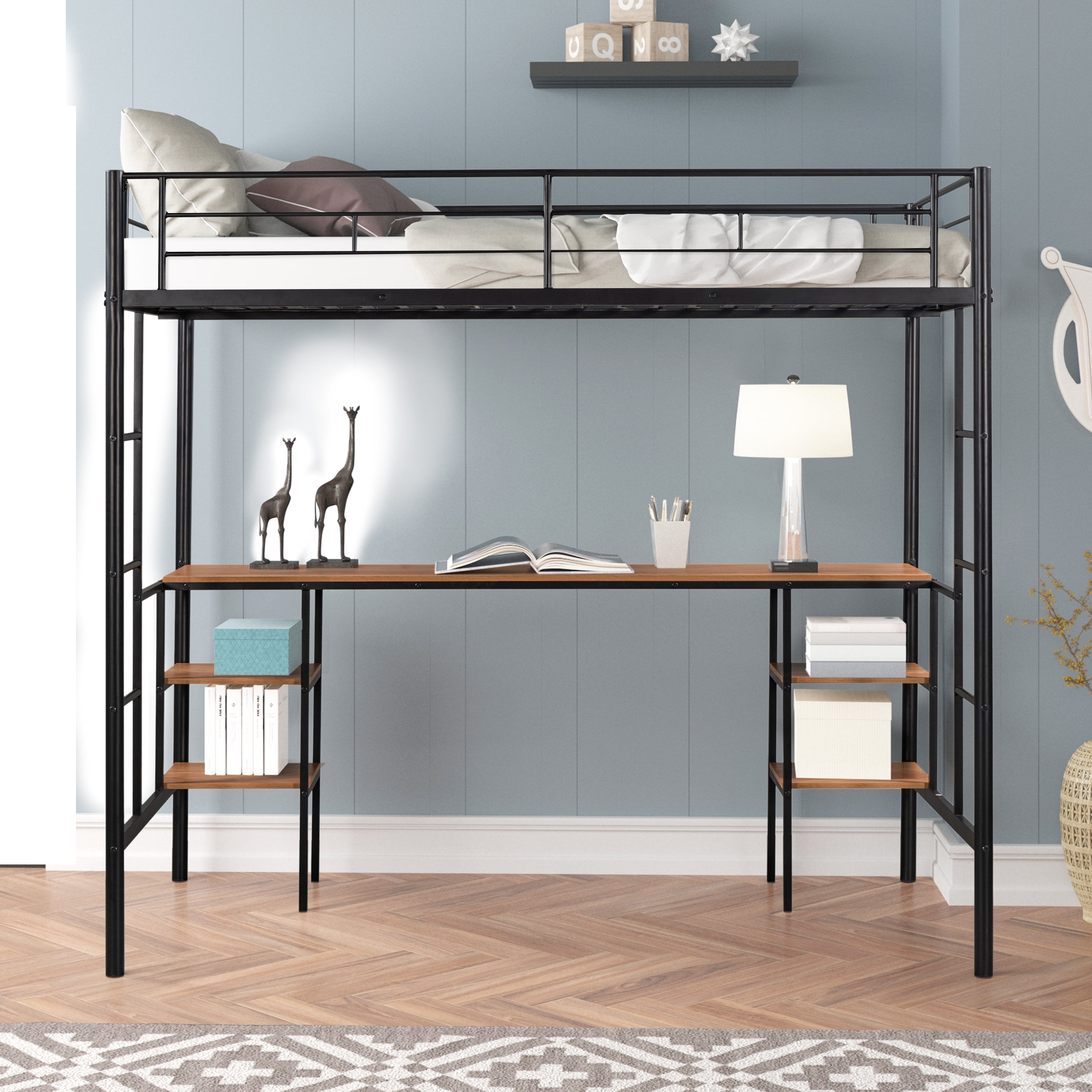 Metal Single Loft Bed Size Bedframe with Ladder and A Large Wooden Desk ...