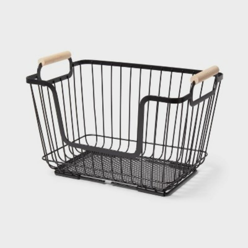 Metal Stackable Wire Pantry Basket with Rubber Wood Handle Black ...