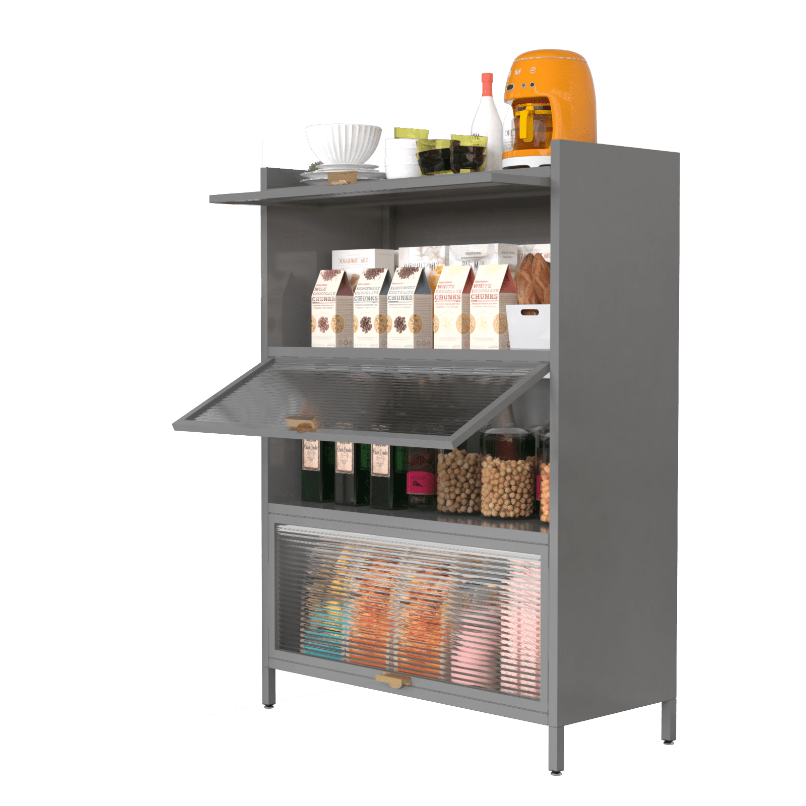 Metal Standing Storage Cabinet, 3 Level Storage with Fluted Flip Doors ...